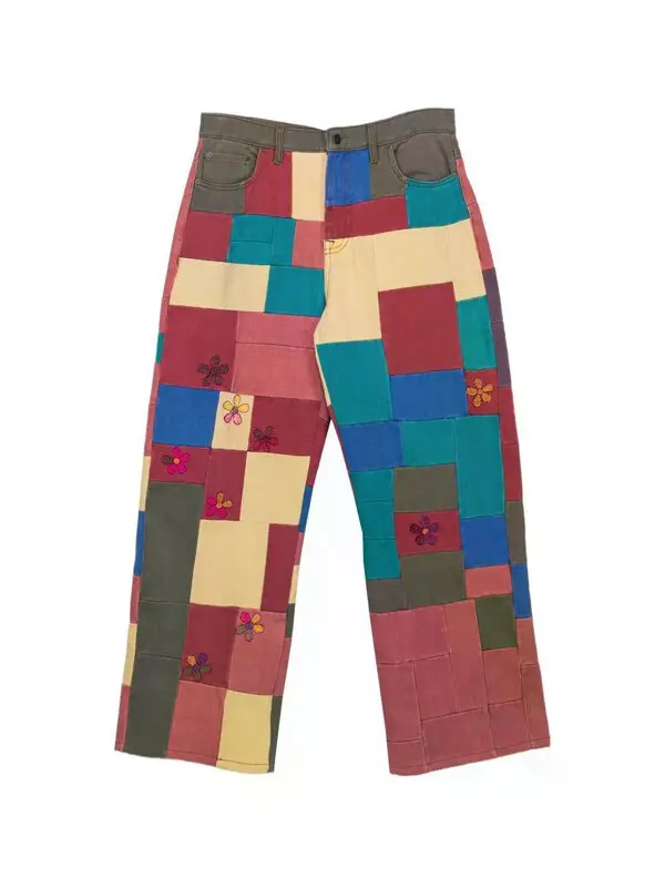 GLASS CYPRESS Patchwork Flower-embroidered Jeans - Red