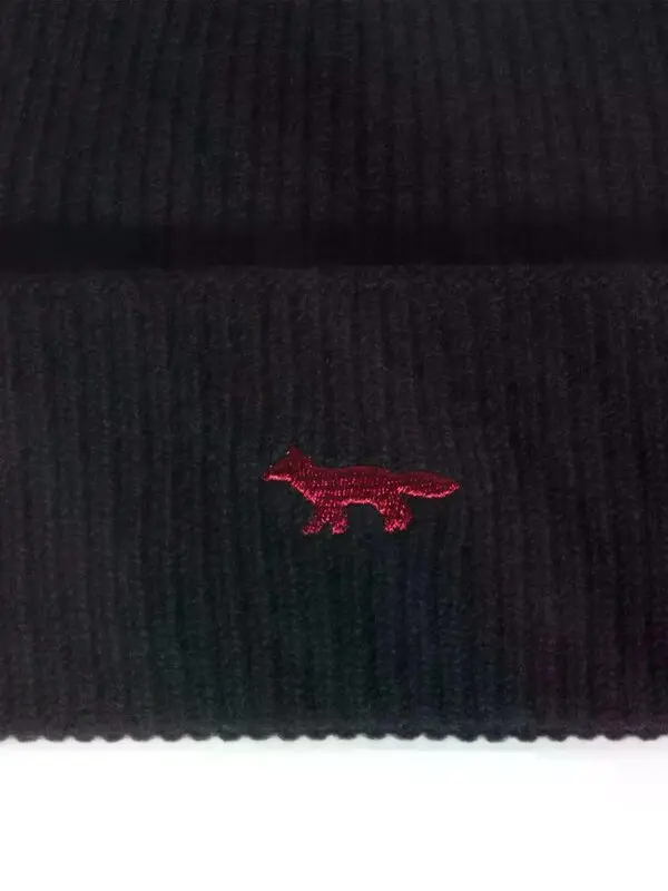 Maison Kitsuné Ribbed-knit Fox-embroidered Beanie Hat