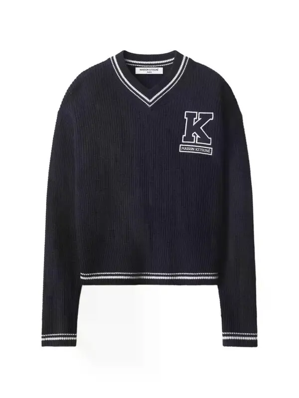 Maison Kitsuné Logo-patch V-neck Sweater - Blue