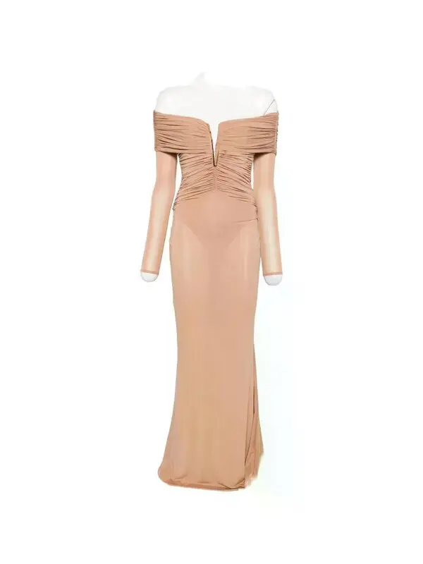 Elisabetta Franchi Ruched Off-shoulder Maxi Dress - Neutrals