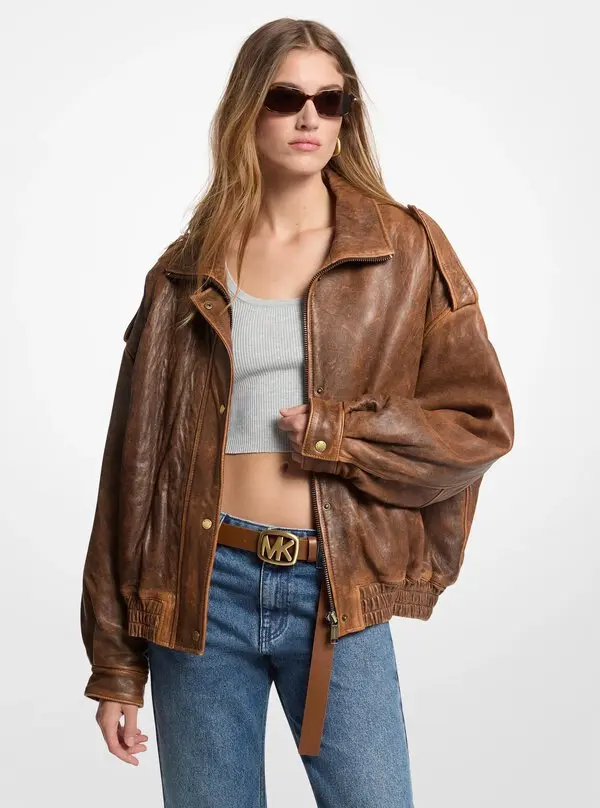 Michael Kors Oversized Burnished Leather Jacket In Size By