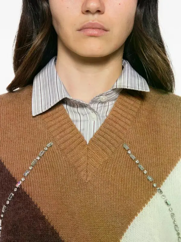 Liu Jo Argyle-knit Crystal-embellished Vest - Neutrals
