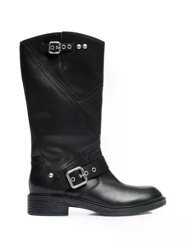 Ash Fuchsia Buckled Leather Biker Boots