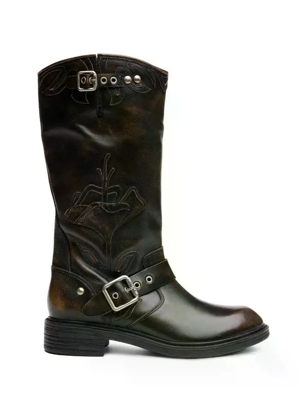 Ash Flax Embroidered Buckle-strap Boots - Brown