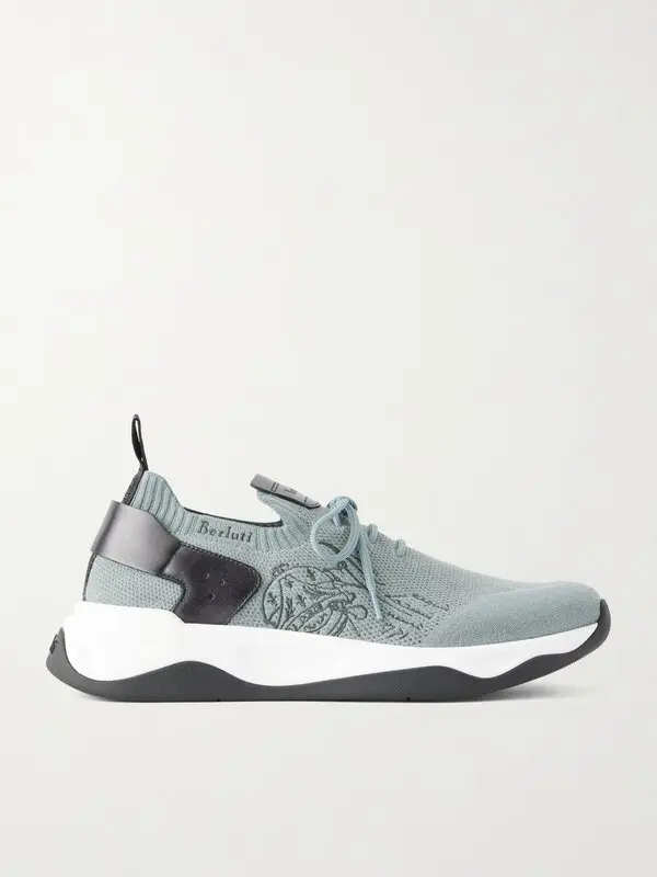 Berluti Shadow Leather-trimmed Stretch-knit Sneakers