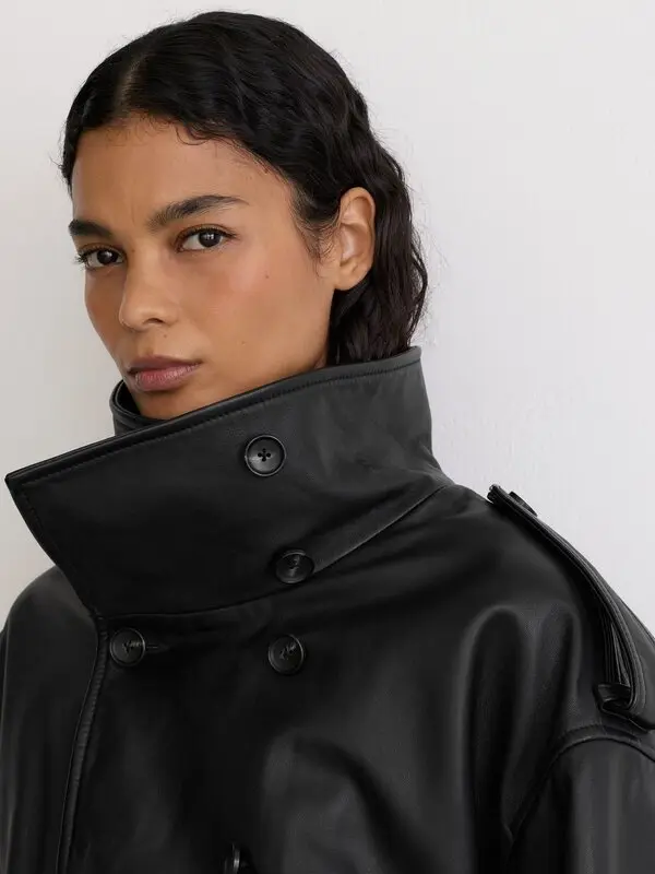 REISS Amelie Leather Belted Double-breasted Jacket