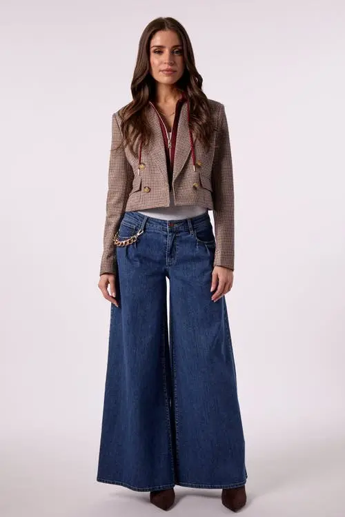 BLUE REVIVAL Skye Cropped Blazer With Hoodie Insert In Maroon & Houndstooth