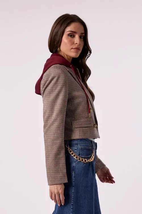 BLUE REVIVAL Skye Cropped Blazer With Hoodie Insert In Maroon & Houndstooth