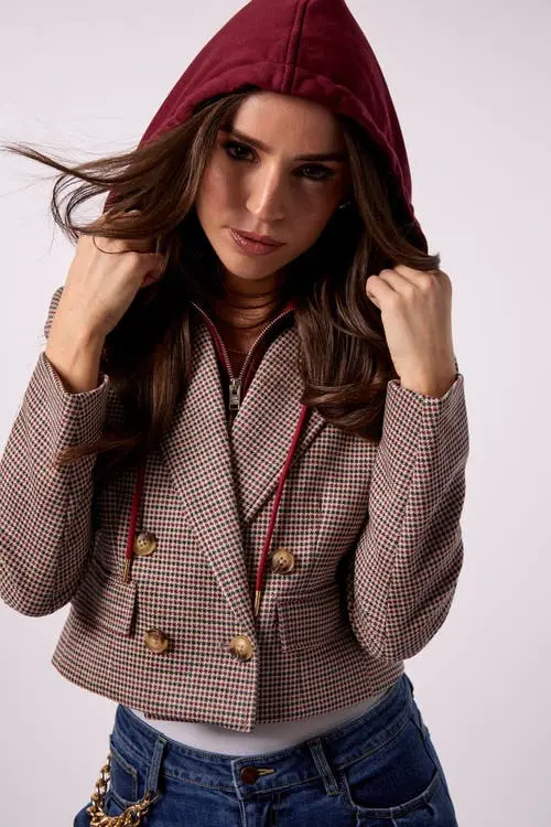 BLUE REVIVAL Skye Cropped Blazer With Hoodie Insert In Maroon & Houndstooth