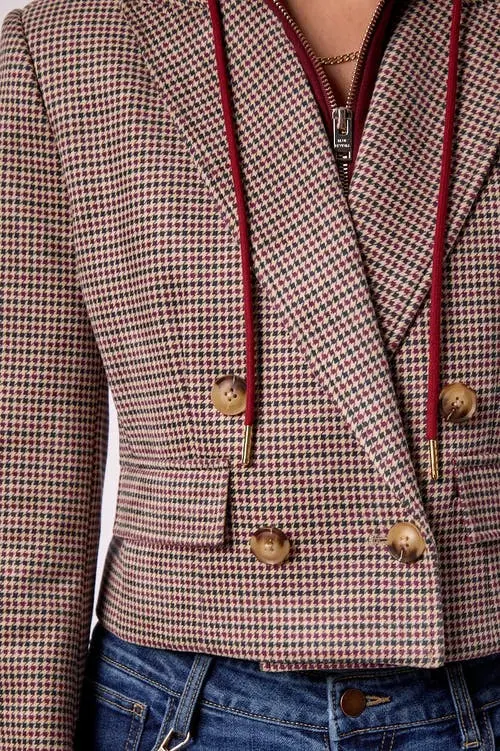 BLUE REVIVAL Skye Cropped Blazer With Hoodie Insert In Maroon & Houndstooth