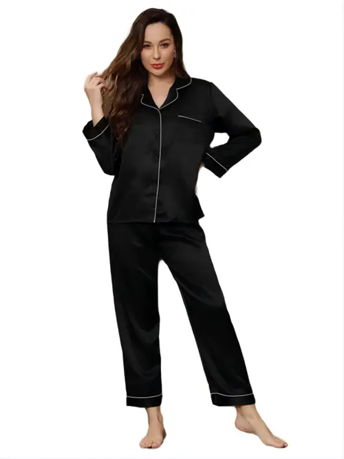 SILKSILKY Pure Silk Long Sleeve Notch Collar Pajamas - Black