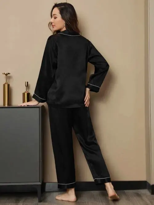 SILKSILKY Pure Silk Long Sleeve Notch Collar Pajamas - Black
