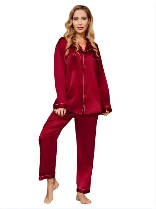 SILKSILKY Pure Silk Long Sleeve Notch Collar Pajamas - Wine