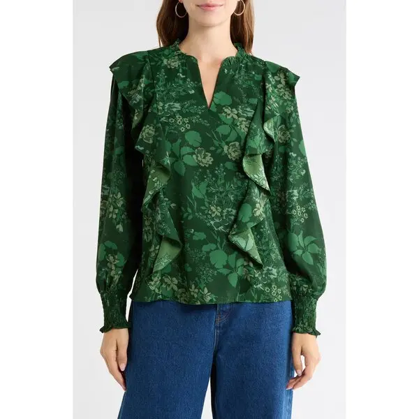 SUGARLIPS Woodland Floral Print Ruffle Top - Emerald-multi