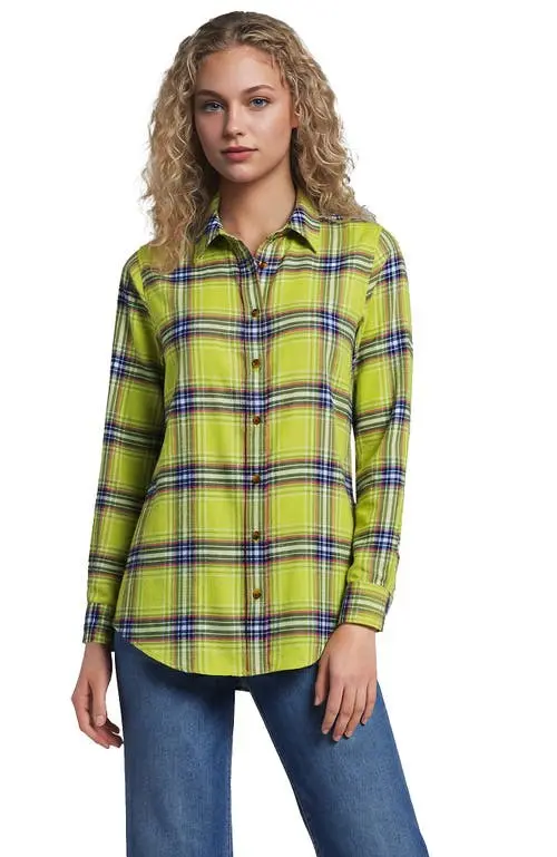 LANDS' END Flannel Boyfriend Long Sleeve Shirt - Chartreuse Multi Plaid