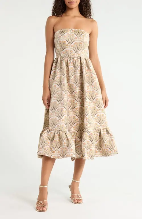 SUGARLIPS Aurra Floral Jacquard Tiered Strapless Midi Dress - Beige-multi