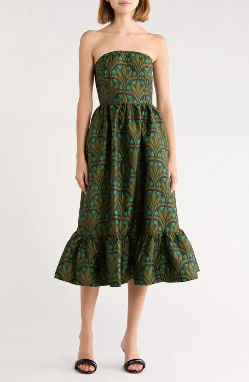 SUGARLIPS Aurra Floral Jacquard Tiered Strapless Midi Dress - Olive Multi