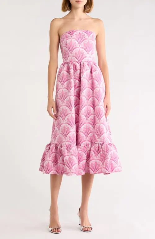 SUGARLIPS Aurra Floral Jacquard Tiered Strapless Midi Dress - Pink Multi