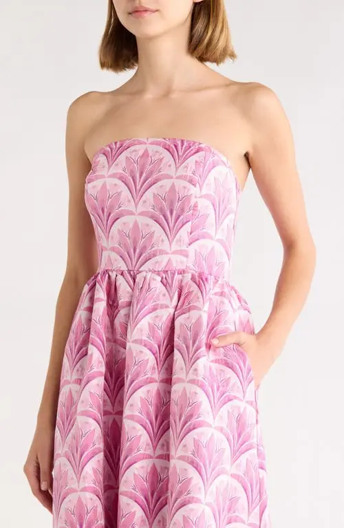 SUGARLIPS Aurra Floral Jacquard Tiered Strapless Midi Dress - Pink Multi