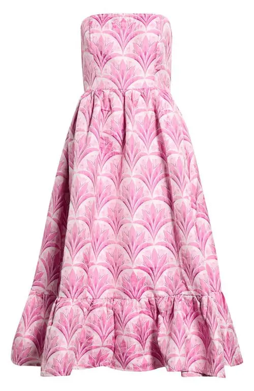 SUGARLIPS Aurra Floral Jacquard Tiered Strapless Midi Dress - Pink Multi