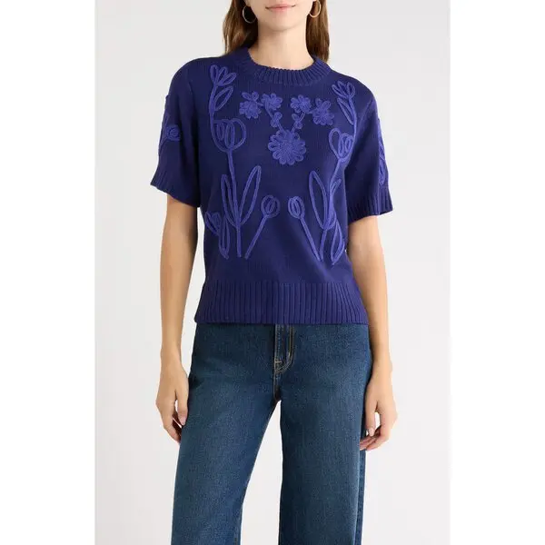SUGARLIPS Winsley Floral Embroidered Sweater - Navy