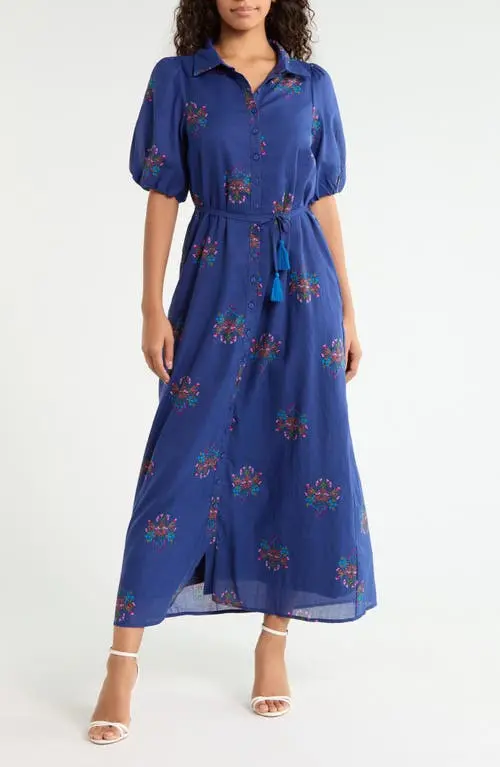 SUGARLIPS Arelia Floral Tie Waist Button-up Midi Shirtdress