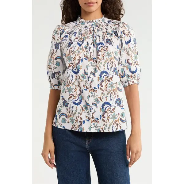 SUGARLIPS Ralston Smocked Floral Cotton Button-up Top - Off-white-multi