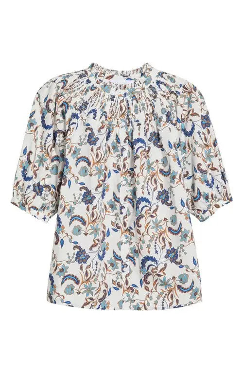 SUGARLIPS Ralston Smocked Floral Cotton Button-up Top - Off-white-multi