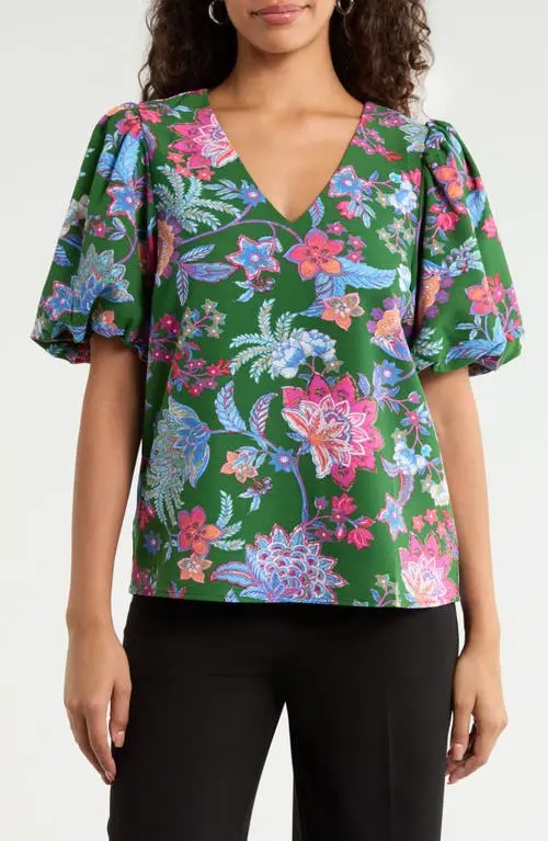SUGARLIPS Elara Floral Puff Sleeve Top - Emerald-multi