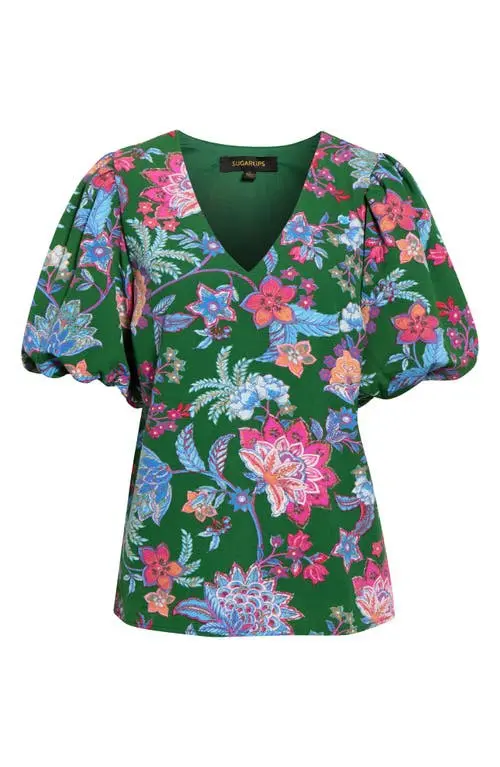 SUGARLIPS Elara Floral Puff Sleeve Top - Emerald-multi