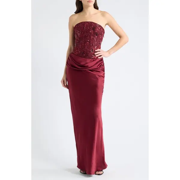 House Of Cb Samina Embellished Satin Strapless Maxi Dress - Cabernet