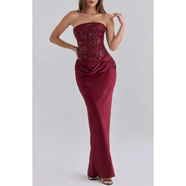 House Of Cb Samina Embellished Satin Strapless Maxi Dress - Cabernet