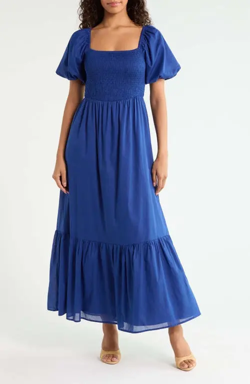 SUGARLIPS Bluebell Smocked Puff Sleeve Maxi Dress - Navy