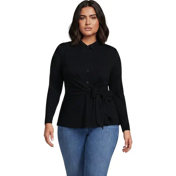 LANDS' END Long Sleeve Lightweight Jersey Adjustable Tie Collar Top - Black