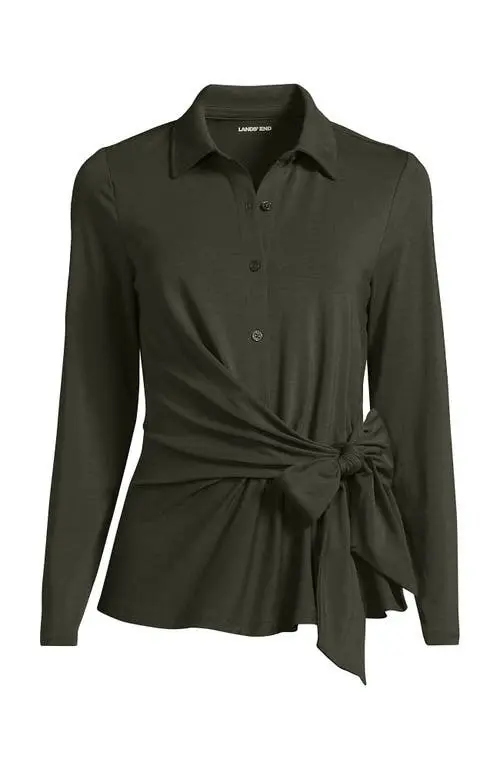 LANDS' END Long Sleeve Lightweight Jersey Adjustable Tie Collar Top - Forest Moss
