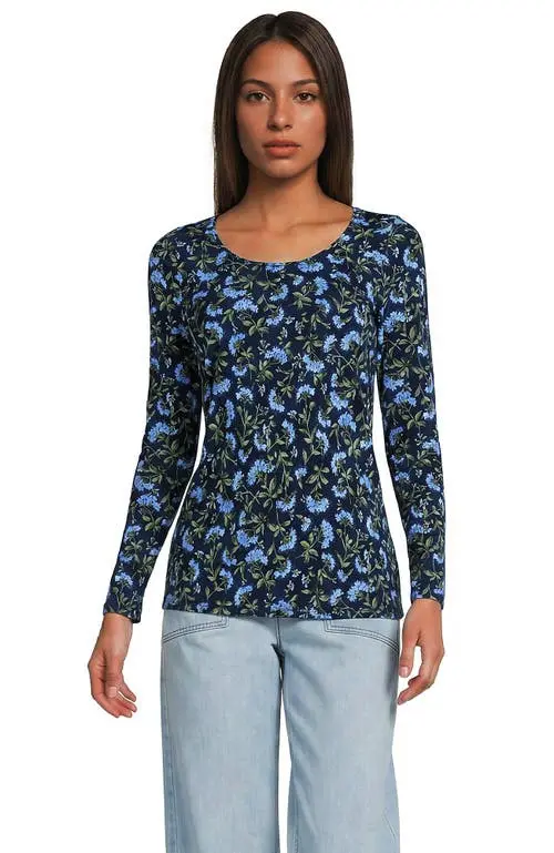 LANDS' END Lightweight Jersey Skimming Long Sleeve Scoop Neck T-shirt - Deep Sea/blue Hydrangea