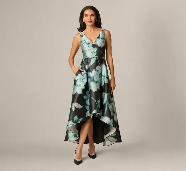 Adrianna Papell Soft Focus Floral Mikado High Low Gown