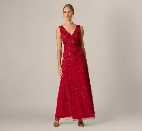 Adrianna Papell V Neck Sequin Beaded Floral Vine Gown - Cranberry