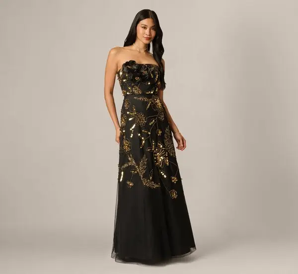 Adrianna Papell Strapless 3d Floral Beaded Gown In Black Gold - Black/gold