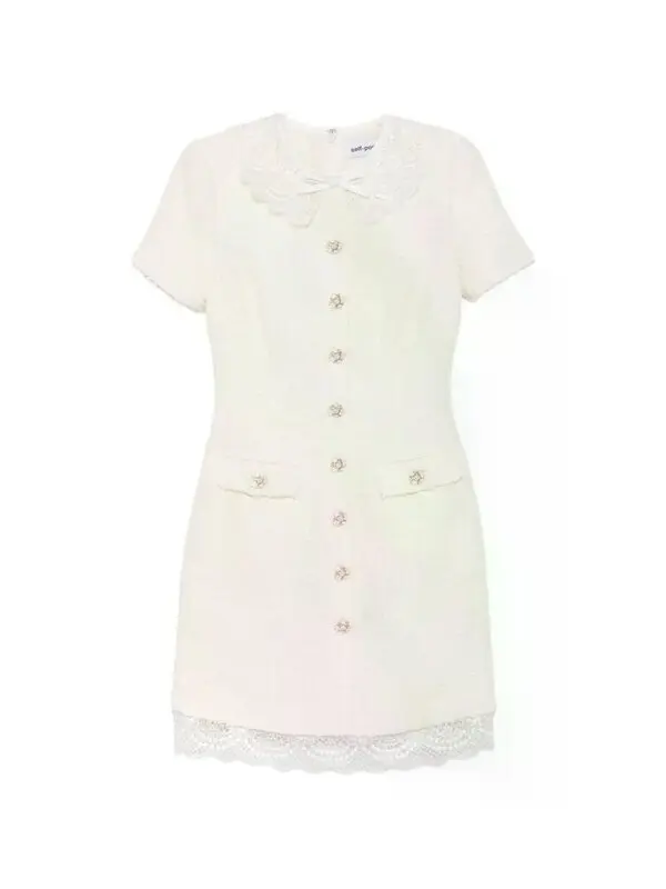 SELF-PORTRAIT Lace-trimmed Bouclé Mini Dress - Neutrals