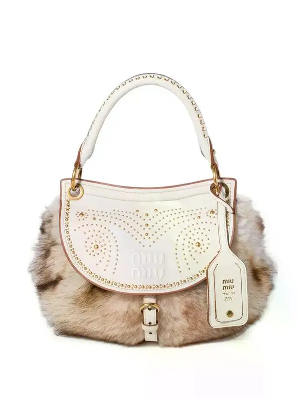 Miu Miu Rendez-vous Shearling And Nappa Leather Bag With Metal Studs - Neutrals