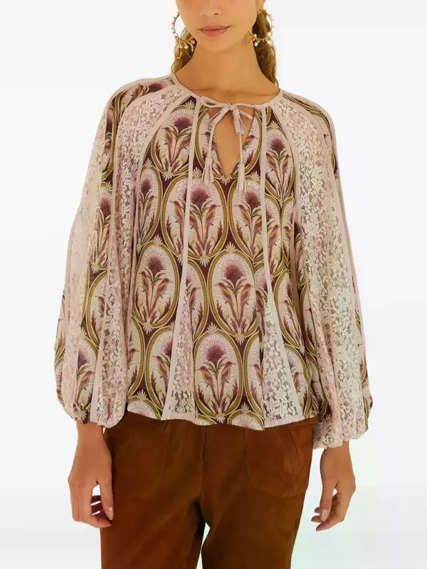 Farm Rio Floral-print Lace-panelled Blouse