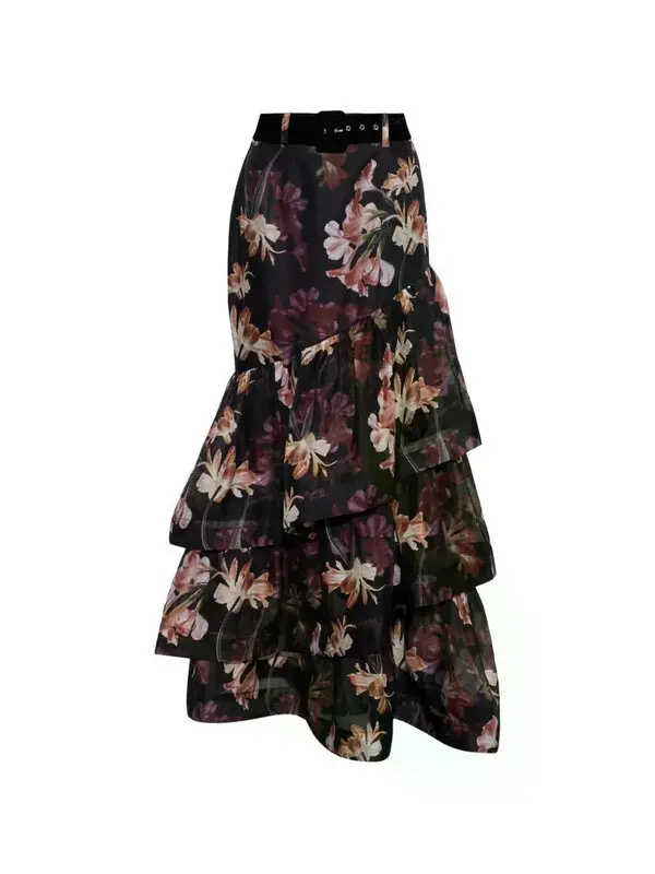 Cara Cara Priya Floral-print Tiered Maxi Skirt - Black