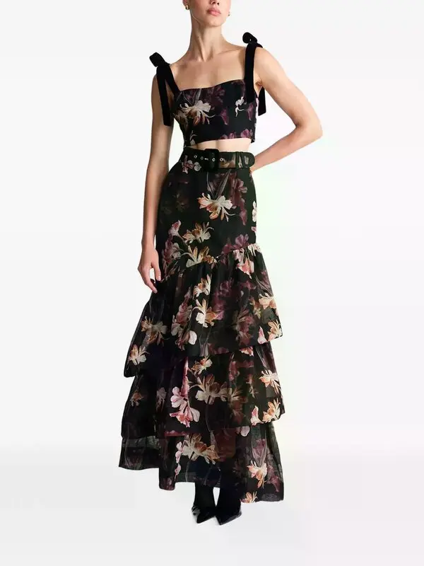 Cara Cara Priya Floral-print Tiered Maxi Skirt - Black