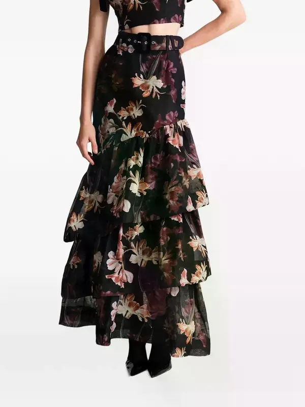 Cara Cara Priya Floral-print Tiered Maxi Skirt - Black