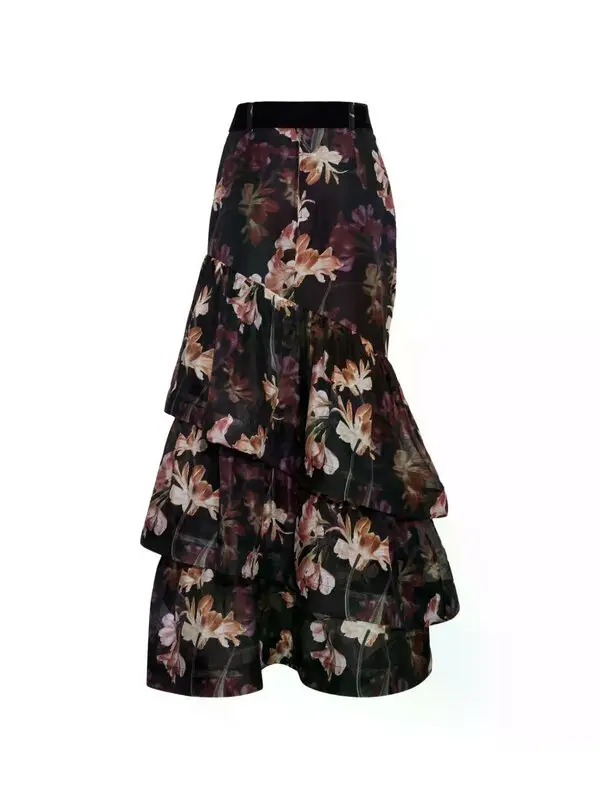 Cara Cara Priya Floral-print Tiered Maxi Skirt - Black