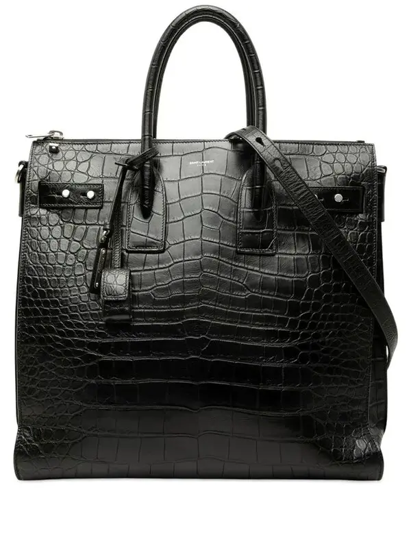 Saint Laurent 2018 Croc Embossed Sac De Jour Souple Zip North South Tote Satchel - Black