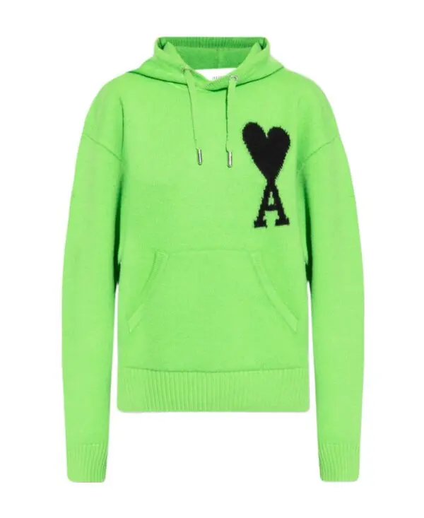 AMI Paris De Coeur Wool Knitted Hoodie - Green