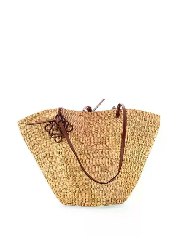 Loewe Shell Basket Bag Woven Raffia Medium Bucket Bag - Brown