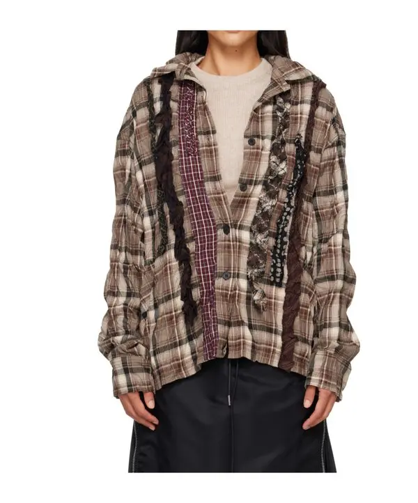 OPEN YY Plaid Ruffled Shirt - Brown
